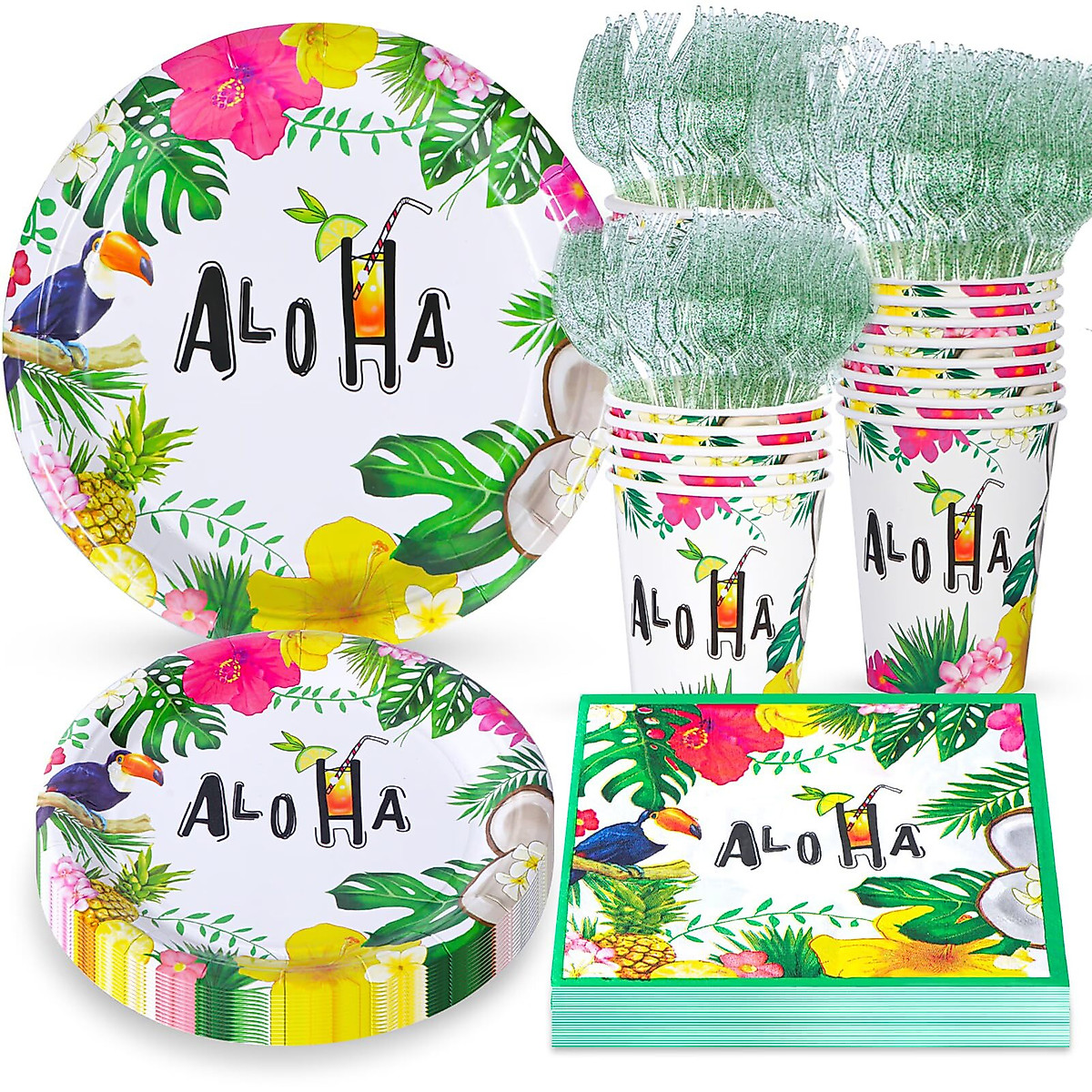 Atonofun Hawaiian Luau Party Supplies, Disposable Hawaiian Plates and Napkins Set, Aloha Party Plates and Cups, Napkins and Cutlery for Hawaiian Luau Birthday Party Decorations Serves 24