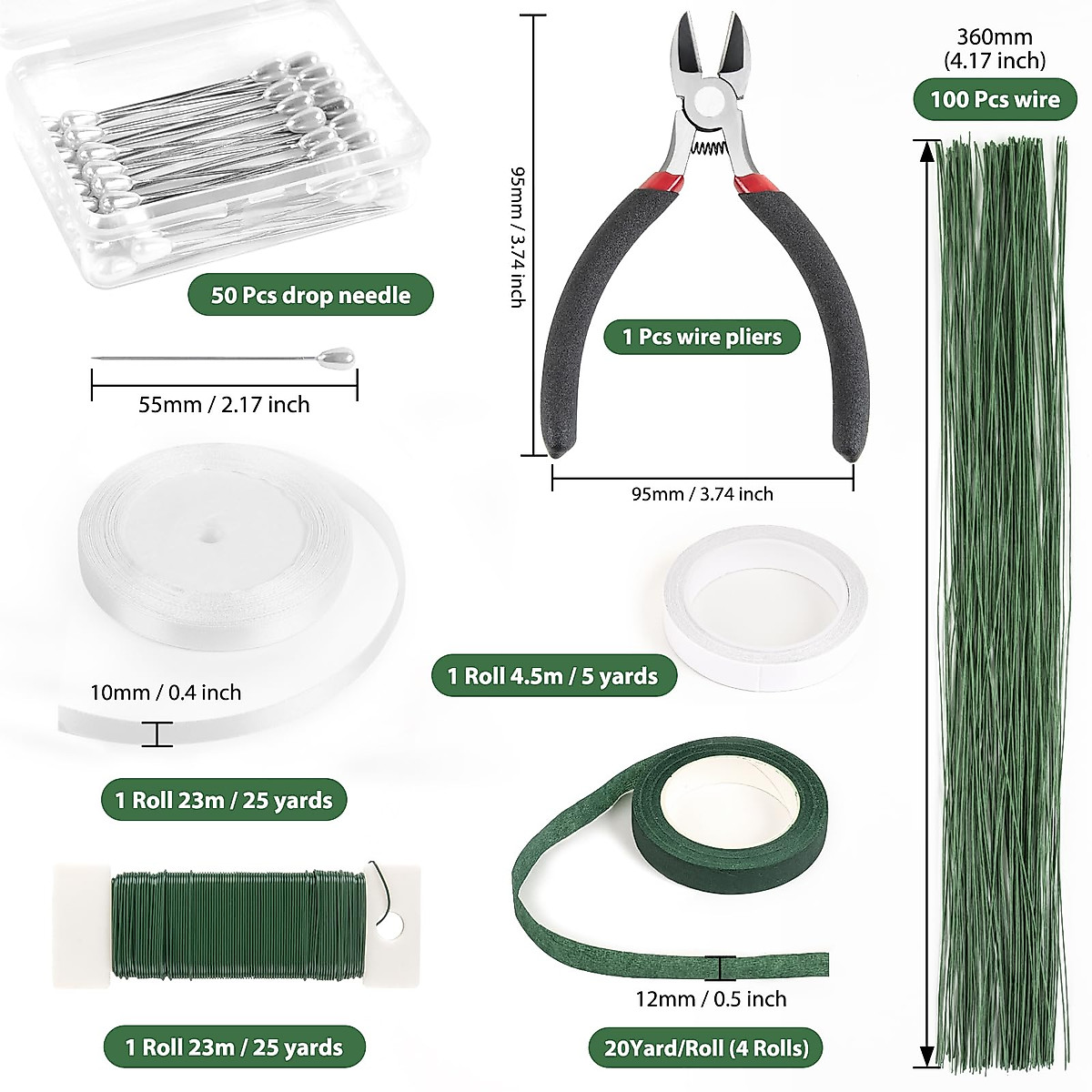 NESCCI Floral Arrangement Kit with Green Floral Tape and Wire,26 Gauge Floral Stem Wire,22 Gauge Floral Wire,Boutonniere Pin for Bouquet Stem Wrap Florist.