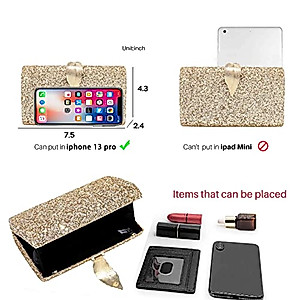 Barode Clutch Purses for Women Silver Glitter Shoulder Bag Bridal Wedding Leaf Prom Cocktail Party Bride Wristlet Handbags (Gold)