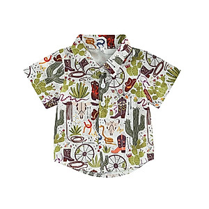 Toddler Baby Boy Button Down Shirt Short Sleeve T-Shirt Tops Western Cowboy Casual Tee Summer Clothes (A White,4-5T)