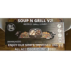 Soup N Grill V2 Hotpot Grill Combo, Indoor Korean BBQ, Shabu Shabu Electric Hot Pot with Divider, Portable with Free Strainer Scoops, Extra Long Chopsticks, Tongs, Cloths, Smokeless Grill