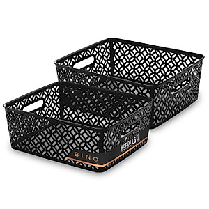 BINO l Plastic Storage Baskets, Large - Black | THE BLOSSOM COLLECTION l Multi-Use Organizer Bin l Built-in Handles l Plastic Woven Basket for Organizing l Pantry & Home Organizing Basket
