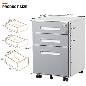 Godappe 3 Drawer Mobile File Cabinet, Metal Vertical Filing Cabinet with Lock Anti-tilt Design Rolling Filing Cabinet Under Desk File Cabinet fits Letter/Legal/A4 Size for Home Office(Grey)