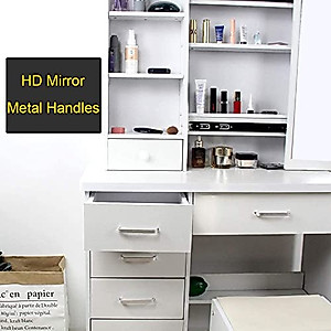 saicheng White Dressing Table with Sliding Lighted Mirror, Makeup Vanity Set with 5 Storage Drawers Shelves, Dresser Desk & Cushioned Stool Set for Bedroom