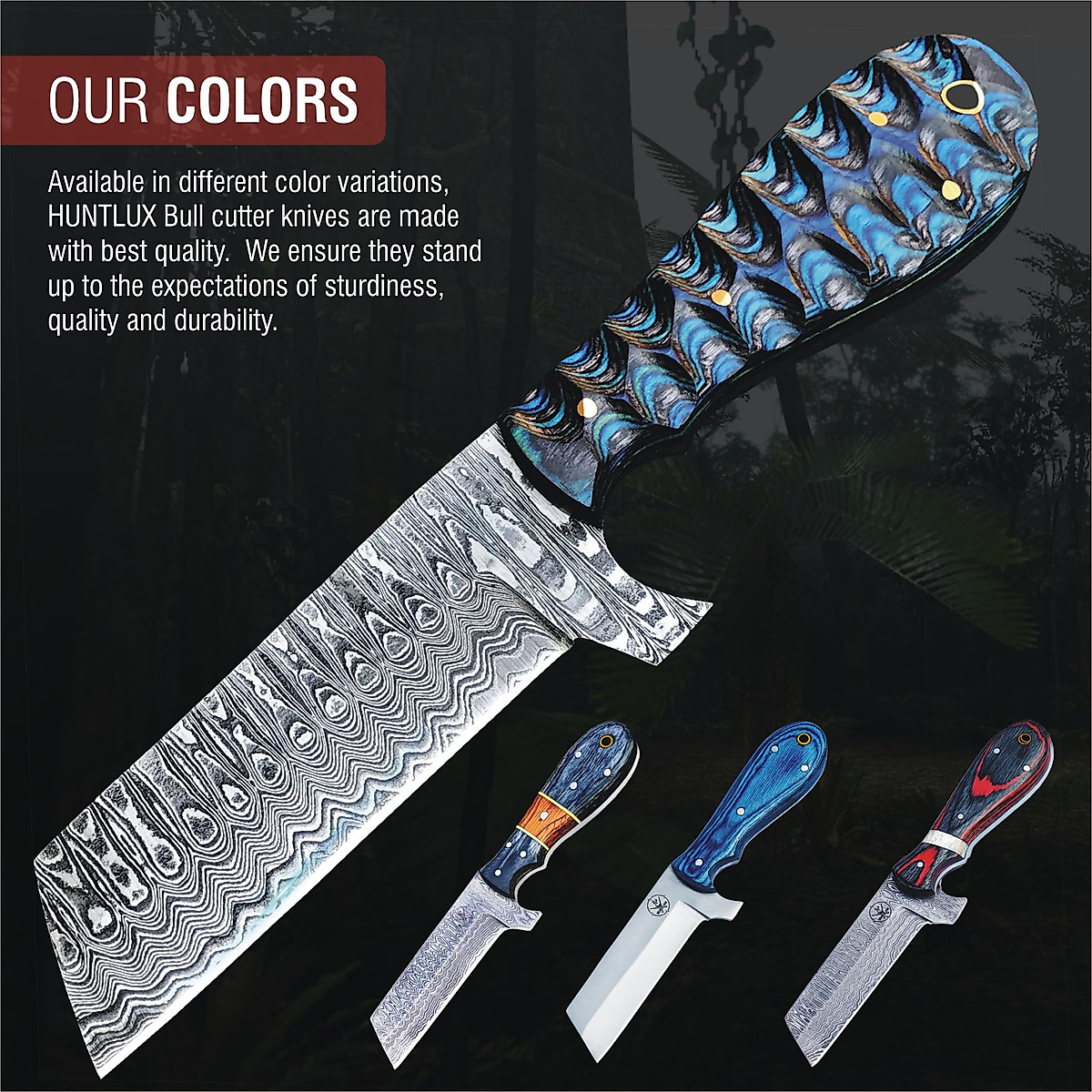 HUNTLUX Damascus Steel Hunting Knife with Sheath for Belt, Handmade 8" Sharp Bull Cutter Knife, EDC Fixed Blade Knife, Full Tang Cowboy Knife with Wooden Handle, Skinning Knife for Outdoor Camping