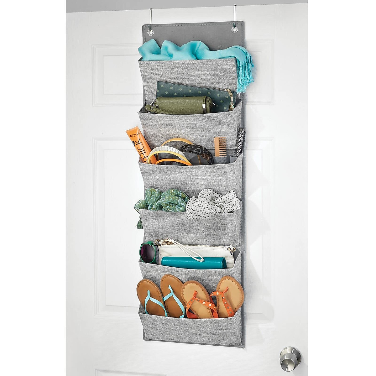 mDesign Soft Fabric Over The Door Hanging Storage Organizer with 6 Large Pockets for Closets in Bedrooms, Hallway, Entryway, Mudroom - Textured Print - Hooks Included - Gray