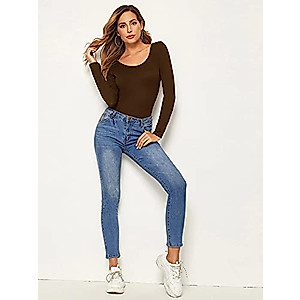 SweatyRocks Women's Long Sleeve Scoop Neck Basic Solid Slim fit Tee Shirt Top Solid Brown XL