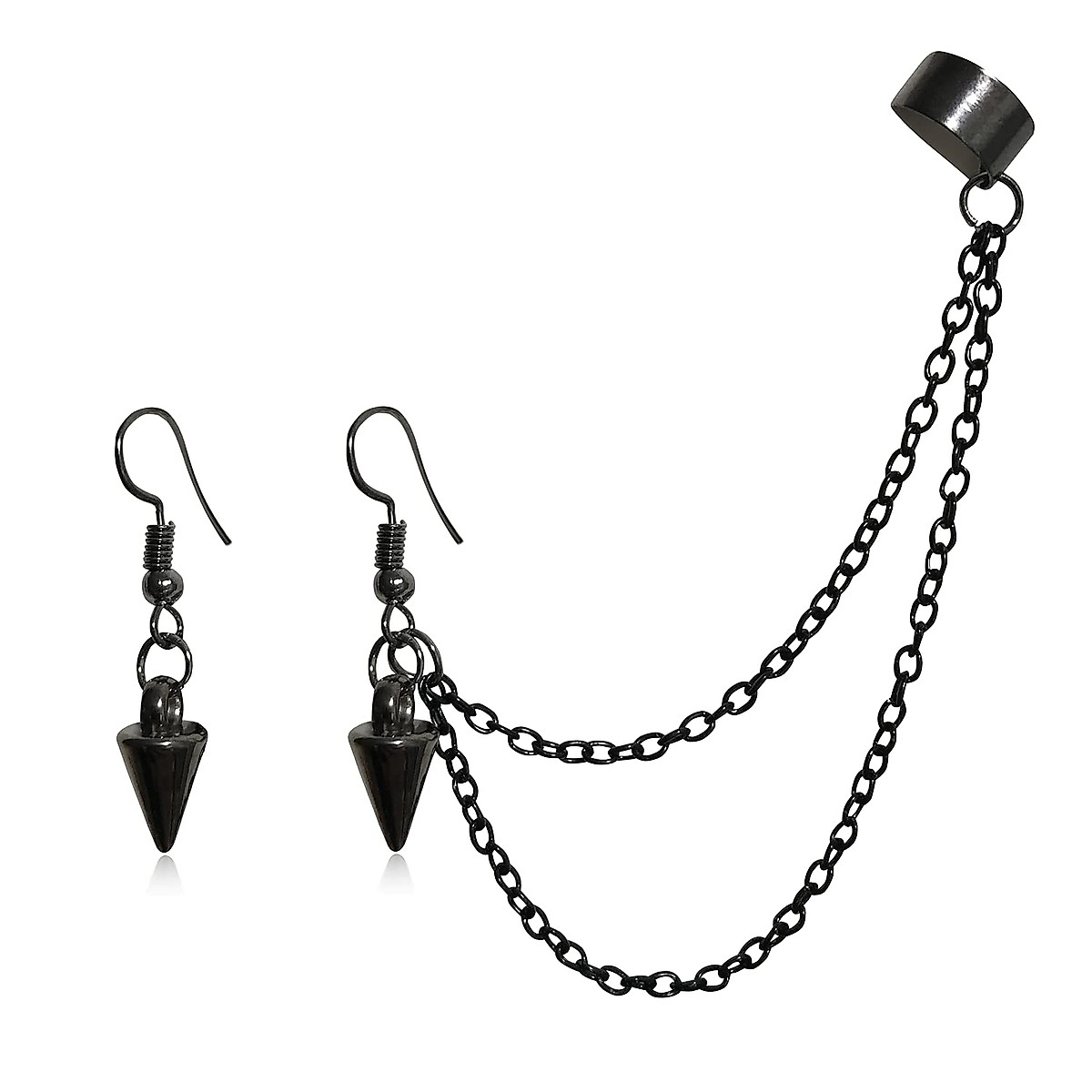 ANDPAI Unique Lightweight Black Silver Punk Long Tassel Chain Ear Cuff Earrings 316L Stainless Steel Vintage Barrel Nails Crawler Climer Dangle Drop Stud Earrings for Men Women Unisex (Black)