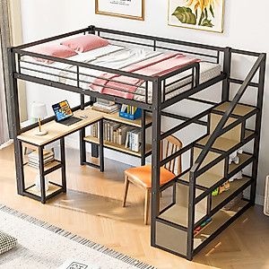 MiHunnor Metal Full Size Loft Bed with Built-in Desk, Multi-Functional Loft Bed with Storage Shelf and Storage Staircase, Space-Saving Design Loft Bed for Bedroom