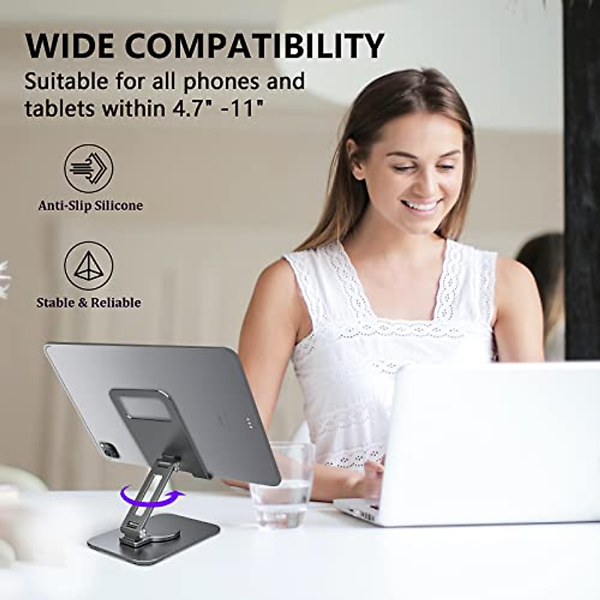 Teskyer 360 Degree Rotatable Cell Phone Stand, Hight and Angle Adjustable Phone/Tablets Holder, Foldable Desktop Phone Stand, Compatible with All Mobile Phones, iPhone 14, iPad, Tablets, Gray