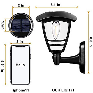 2 Pack Solar Wall Lantern Lights Outdoor Waterproof, Black Sun Powered Wall Light Fixtures, Sturdy Plastic LED Wall Lantern, Clear Warm White Lighting for Yard, Front Porch, Garage and Garden