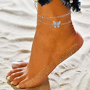 14K Butterfly Silver - Adjustable Layered - Jewelry Anklet Gifts for Women Teen Girls