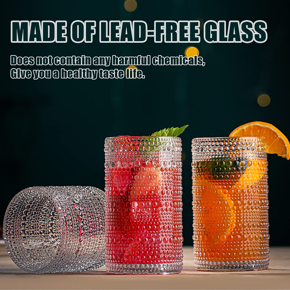 wookgreat Drinking Glasses, 8 pcs Embossed Designed Glass Cups, 15oz Highball Glasses, Tall Water Glass Tumbler, Mojito Cups, Cocktail Glass, Vintage Glassware Set for Water, Juice, Cocktail, Whiskey