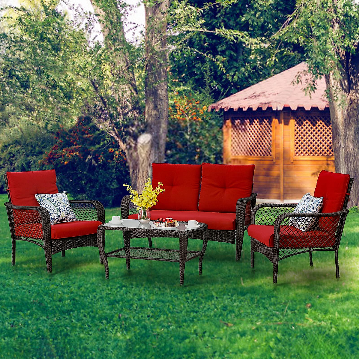 PHI VILLA 4 Piece Outdoor Wicker Patio Furniture Sets Clearance, Patio Wicker Conversation Sets All Weather Rattan Wicker Sofa with Cushions for Garden Lawn Deck, Brown & Red