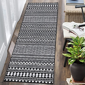 Fashionwu Machine Washable Rug 2x12 Runners for Hallway, Boho Bathroom Rug Low Pile Geometric Area Rug Black and White Rug for Entryway Non-Slip Throw Rugs for Indoor Entry Rug for Bedroom, 2x12 Feet