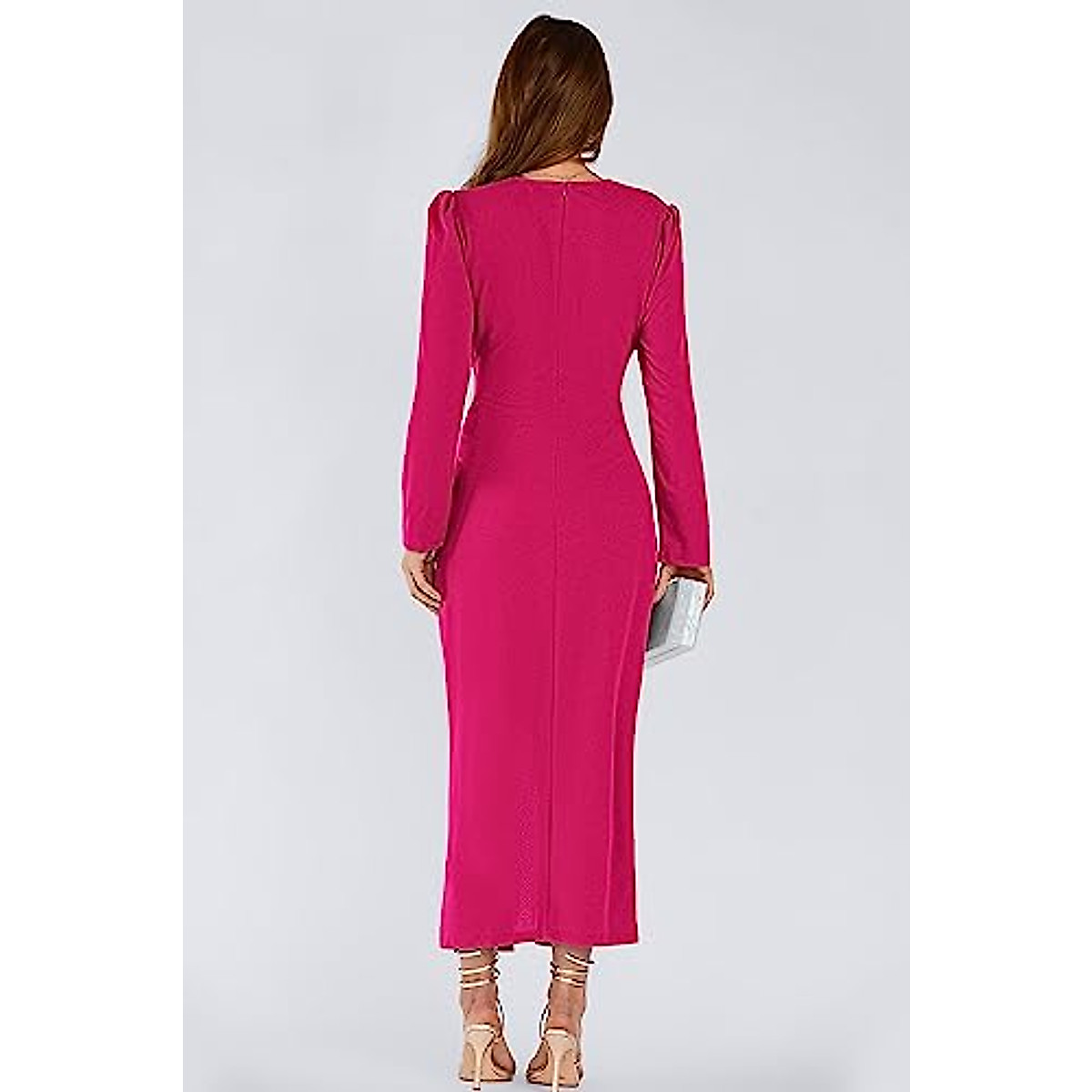 PRETTYGARDEN Women's Fall Fashion 2023 Long Puff Sleeve Maxi Dresses V Neck Twist Front Formal Dress with Slit (Rose Red,Medium)