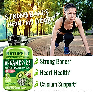 NATURELO Vegan K2+D3 - Plant Based D3 from Lichen - Natural D3 Supplement for Immune System, Bone Support, Joint Health - Whole Food - Vegan - Non-GMO - Gluten Free (60 Count (Pack of 1))