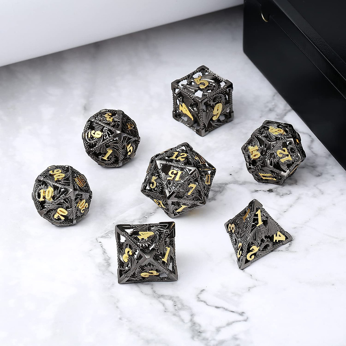 Dragon Hollow Metal DND Dice Set, DNDND 7 D&D Die Set with Metal Gift Tin for Dungeons & Dragon Game (Black with Gold Number)
