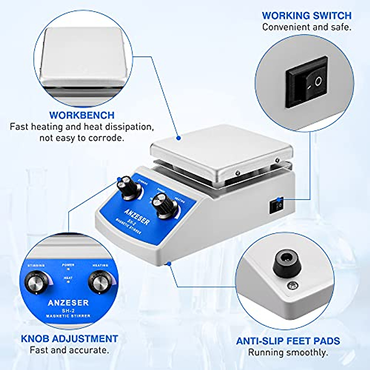 ANZESER Magnetic Stirrer Hot Plate, 100-2000rpm Magnetic Hotplate Stirrer, 180W Heating Power 716℉ Hot Plate Stirrer, 5×5 Inch Magnetic Stir Plate