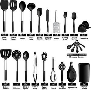LIANYU Kitchen Cooking Utensils Set, 35-Piece Silicone Cooking Utensils Spatula Set with Holder, Non-stick Heat Resistant Cookware with Stainless Steel Handle, Black
