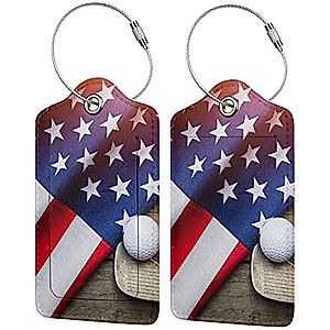 Flag Golf Luggage Tags Set of 2 Leather Stainless Steel Loop Label Tag for Travel Bag Suitcase