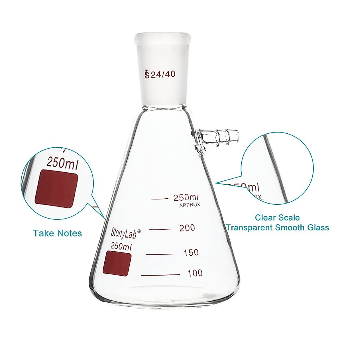 stonylab Filtering Flask with 24/40 Standard Taper Outer Joint, Heavy Wall Borosilicate Glass Filter Flask, Bolt Neck with Tubulation, 250 ml