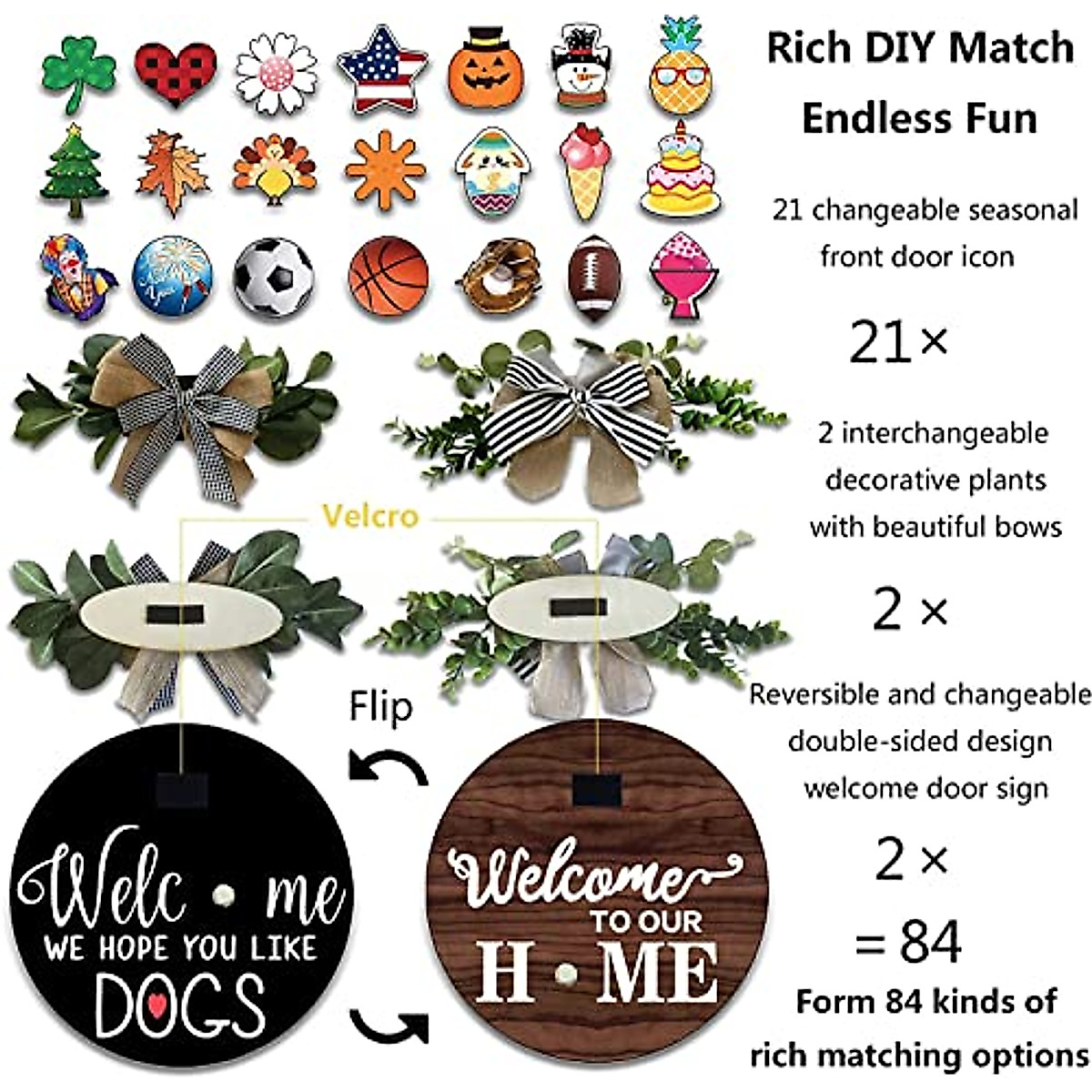 Welcome Sign for Front Door Interchangeable Sign for Fall Decor Farmhouse Decor with 21 pairs of Interchangeable Seasonal Holiday Icons,Suitable for Valentine's St. Patrick's Easter Halloween Thanksgiving Christmas New Year,Fun DIY Wood Reversible Door Si