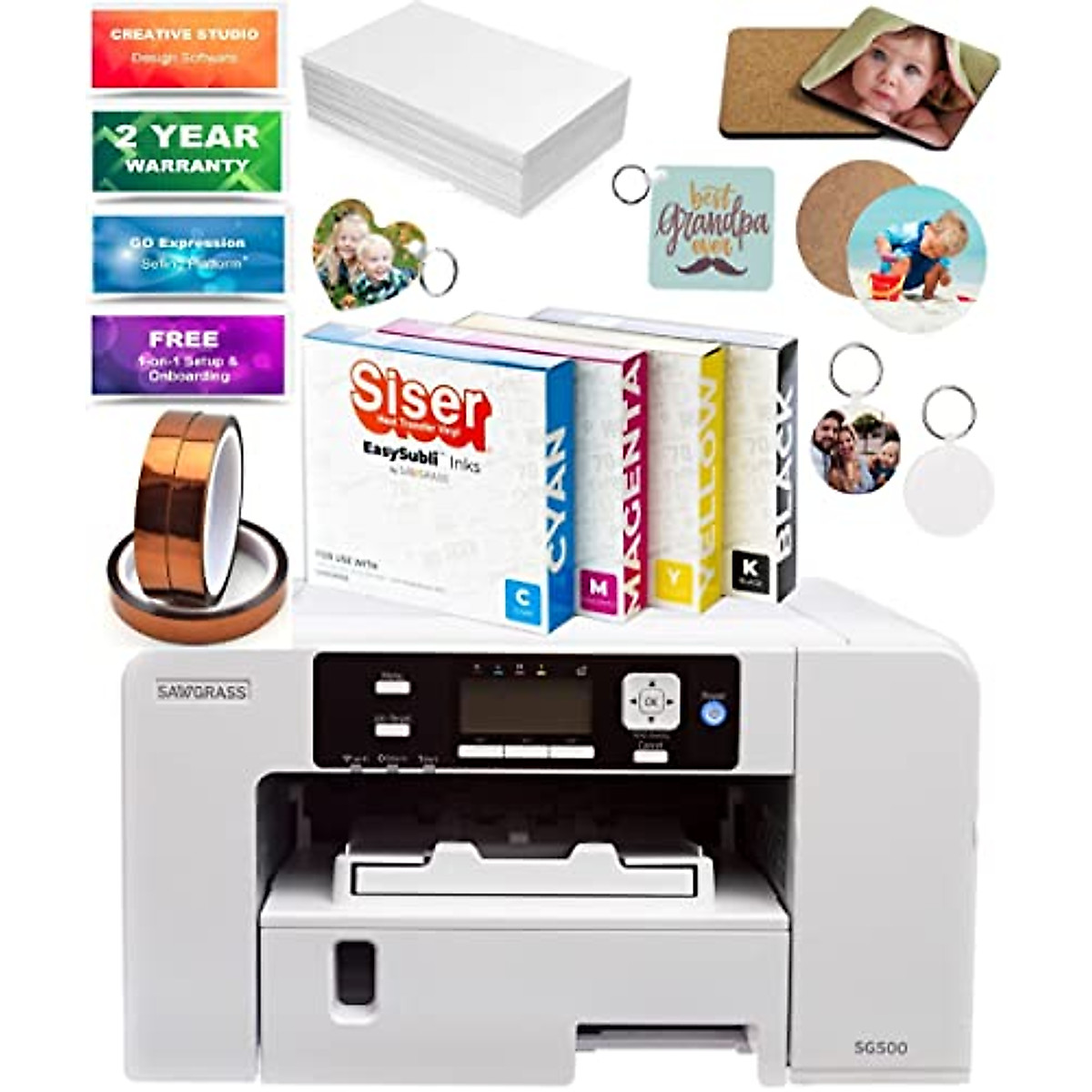 Sawgrass SG500 Sublimation Printer - Bundle with EASYSUBLI Inks, 220 Sheets Sublimax Paper, 3 Tapes, 10 Pieces Sublimation Blanks, Creative Studio Software (SG500 Easy Subli for Siser Users)