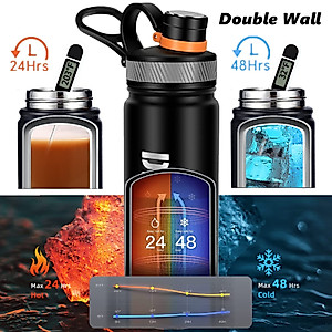 DLANDXI 24 Oz Insulated Stainless Steel Water Bottle with Straw Double-Wall Vacuum Thermal Keep Warm Cold for Kids Adults(Black)