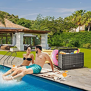 YITAHOME Outdoor Wicker Patio Poolside Float Storage, PE Rattan Rolling Pool Float Caddy for cushions, Floaties, Noodles, Life Vests, Beach Balls, Toys, Patio Furniture (Gray)