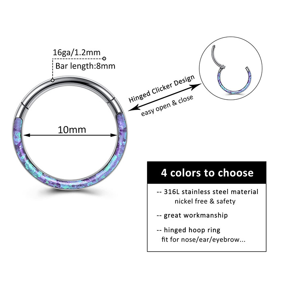 Uzgtvy Septum Ring Jewelry 16G Stainless Sugical Steel Septum Hinged Segment Seamless Clicker Nose Nostril Ring Belly Button Hoop Daith Rook Cartilage Helix Tragus Earring Piercing Jewerly Women Men