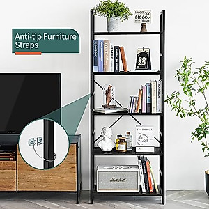 Yoobure 5 Tier Bookshelf - Tall Book Shelf Modern Bookcase for CDs/Movies/Books, Rustic Book Case Industrial Bookshelves Book Storage Organizer for Bedroom Home Office Living Room Black