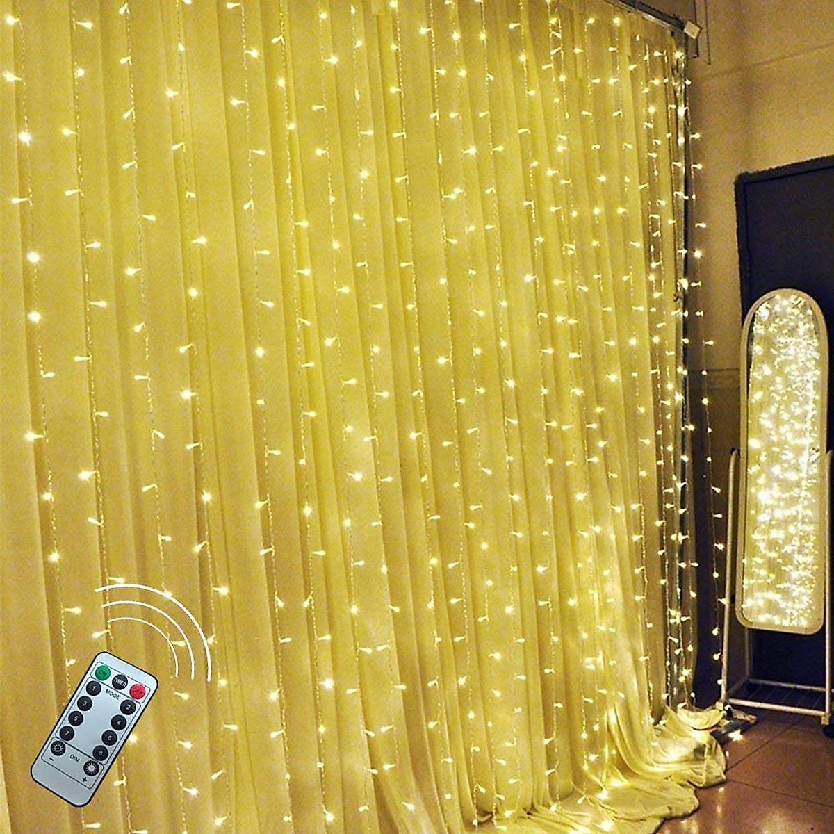 Curtain Lights 9.8ft 300led Window Curtain Icicle Lights, Waterproof Christmas Curtain String Fairy Wedding Lights for Outdoor Party Curtains Window Decorations (Warm White with Remote Control)