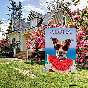 Uanvaha jack Russell dog Garden Flags for Outside 12.5X18 Double Sided ALOHA cute puppy on hammock beach eating watermelon Outdoor Banner Flag Burlap Yard Home Decorations