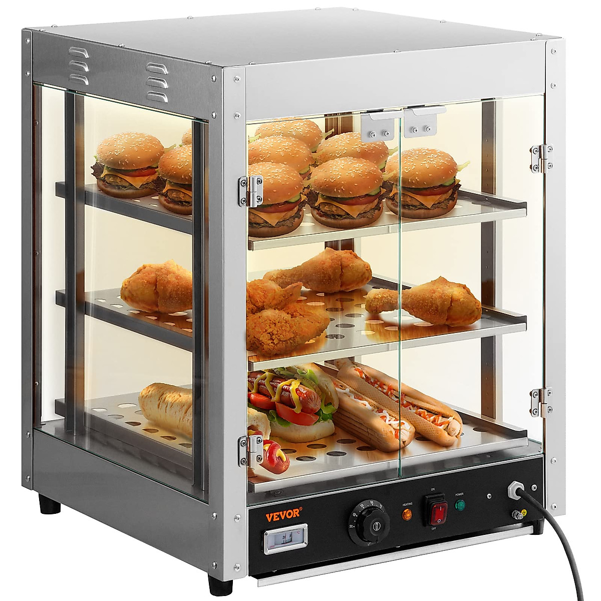 VEVOR 3-Tier Food Display Warmer, 800W, with Multidirectional Heating, Tri-Color Illumination & Bottom Fan. Features Temperature Control, 0.6L Water Tray for Humidity, Durable Stainless Steel & Gla