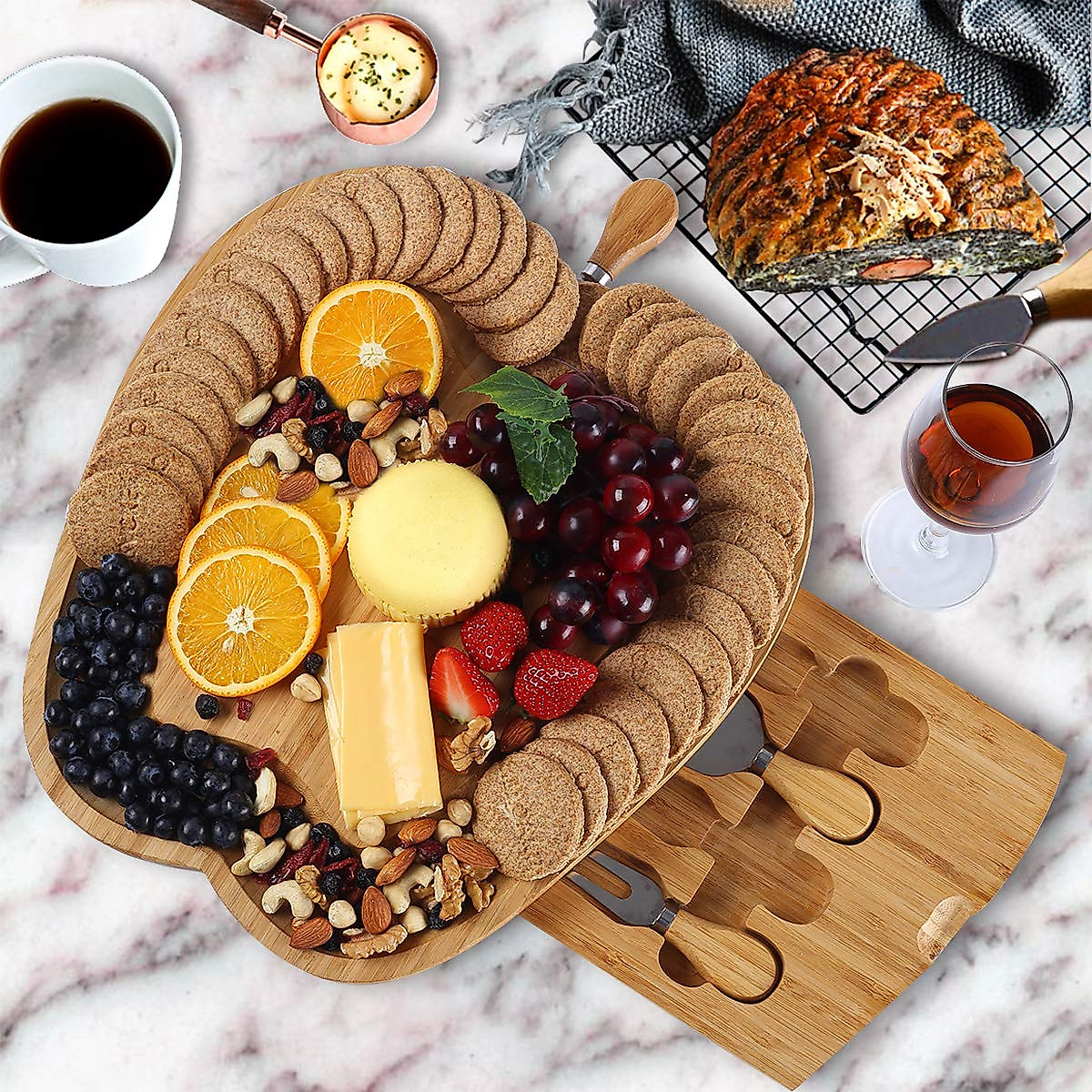 NIUXX Bamboo Cheese Boards with Knives Set, 13 Inch Large Charcuterie Board, Meat Cheese Serving Platter for Entertaining and Serving, Charcuterie Platter for Party Christmas