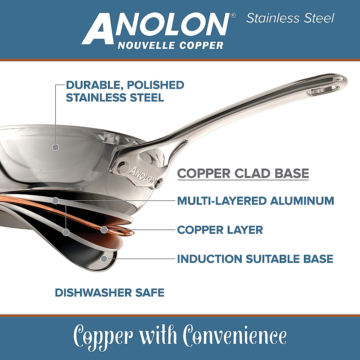Anolon Nouvelle Stainless Steel Sauce Pan/Saucepan with Lid, 3.5 Quart, Silver