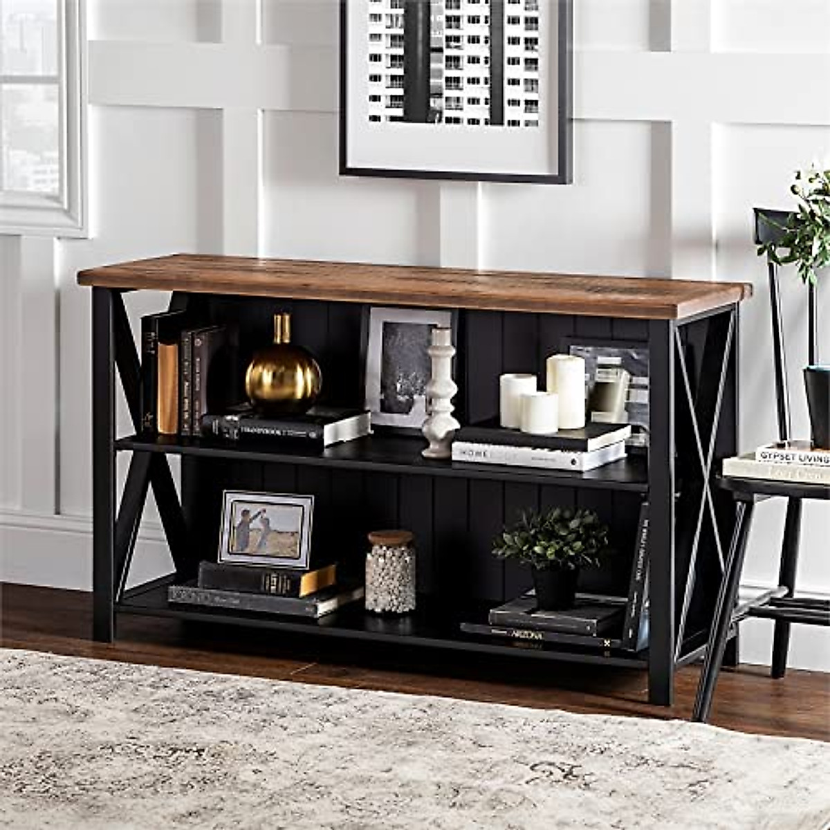 Walker Edison 2 Tier Modern Farmhouse Wood Bookcase Bookshelf Storage Home Office Storage Cabinet, 52 Inch, Black