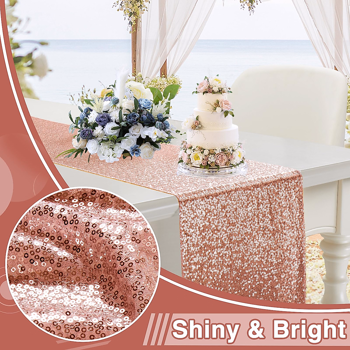 RUDONG M 6 Pack Rose Gold Sequin Table Runner 12 x 108 Inch, Rectangle Glitter Table Runner Dining Table Centerpiece Decorations for Weddings, Banquet, Holiday, Birthday Party