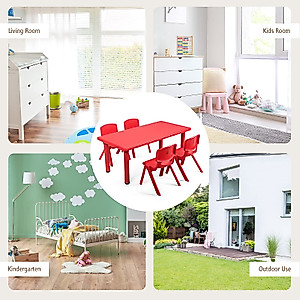 HONEY JOY Kids Table and 4 Chair Set, 48 x 24 Inch Children Rectangular Study Table with Stackable Seats, 4 Pcs Plastic Activity Toddler Furniture Set for Playroom Daycare, Gift for Boys Girls (Red)