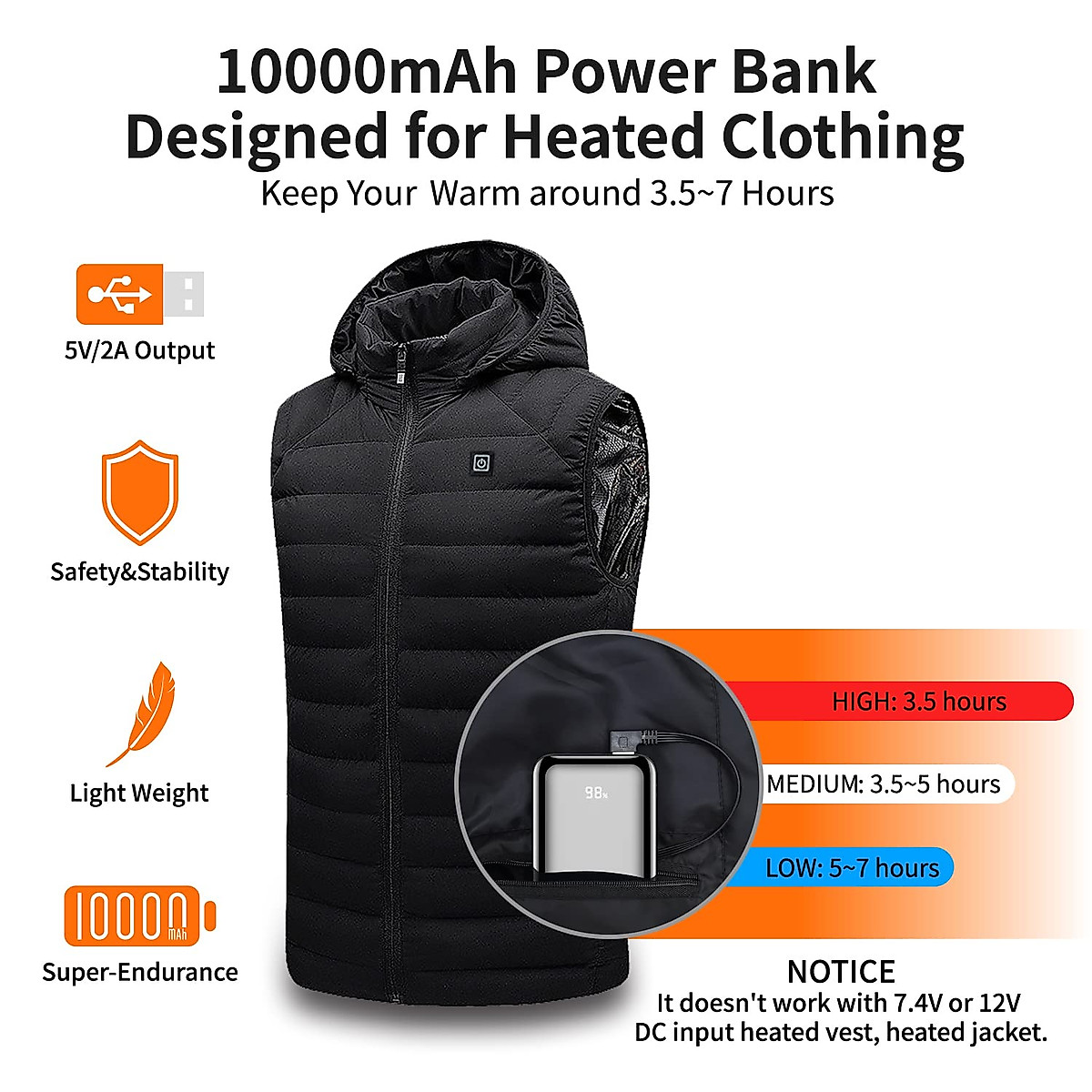 OKZU 5V 2A Power Bank for Heated Vest, Jacket, Stadium Seats, Chair Battery Pack, 10000mAh Packet Size LED Display Portable Charge for Heated Clothing, USB Heated Blanket, Coat