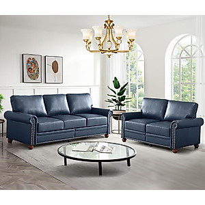 Antetek 2-Piece Comfy Upholstered PU Leather Sofa Couch Set, Mid-Century Modern Loveseat Sofa+3 Seater Couch with Storage Space for Living Room, Furniture Set, Navy Blue