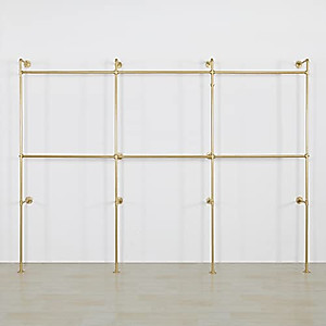 ZGZR Wall Mounted Industrial Pipe Clothing Garment Racks, Metal Clothing Store Display Stands Clothes Rack Multi-purpose Heavy Duty Hanging Rod for Closet Storage, 134in Gold