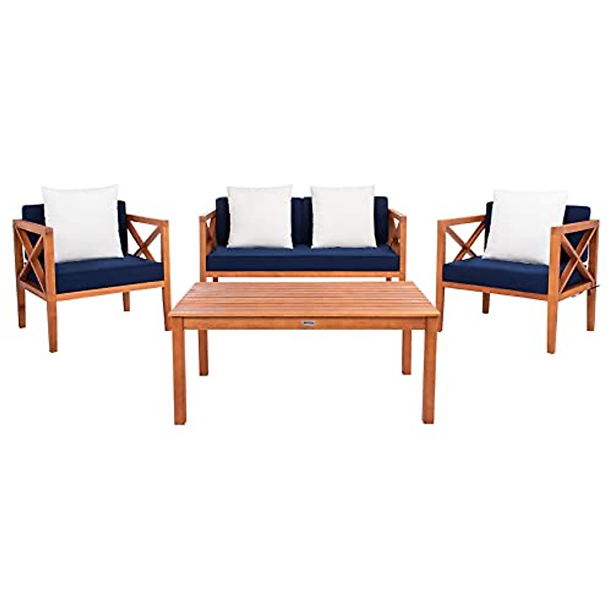 Safavieh PAT7031E Collection Nunzio Teak 4 Pc Accent Outdoor Set, Natural/Navy + Solid Pillow
