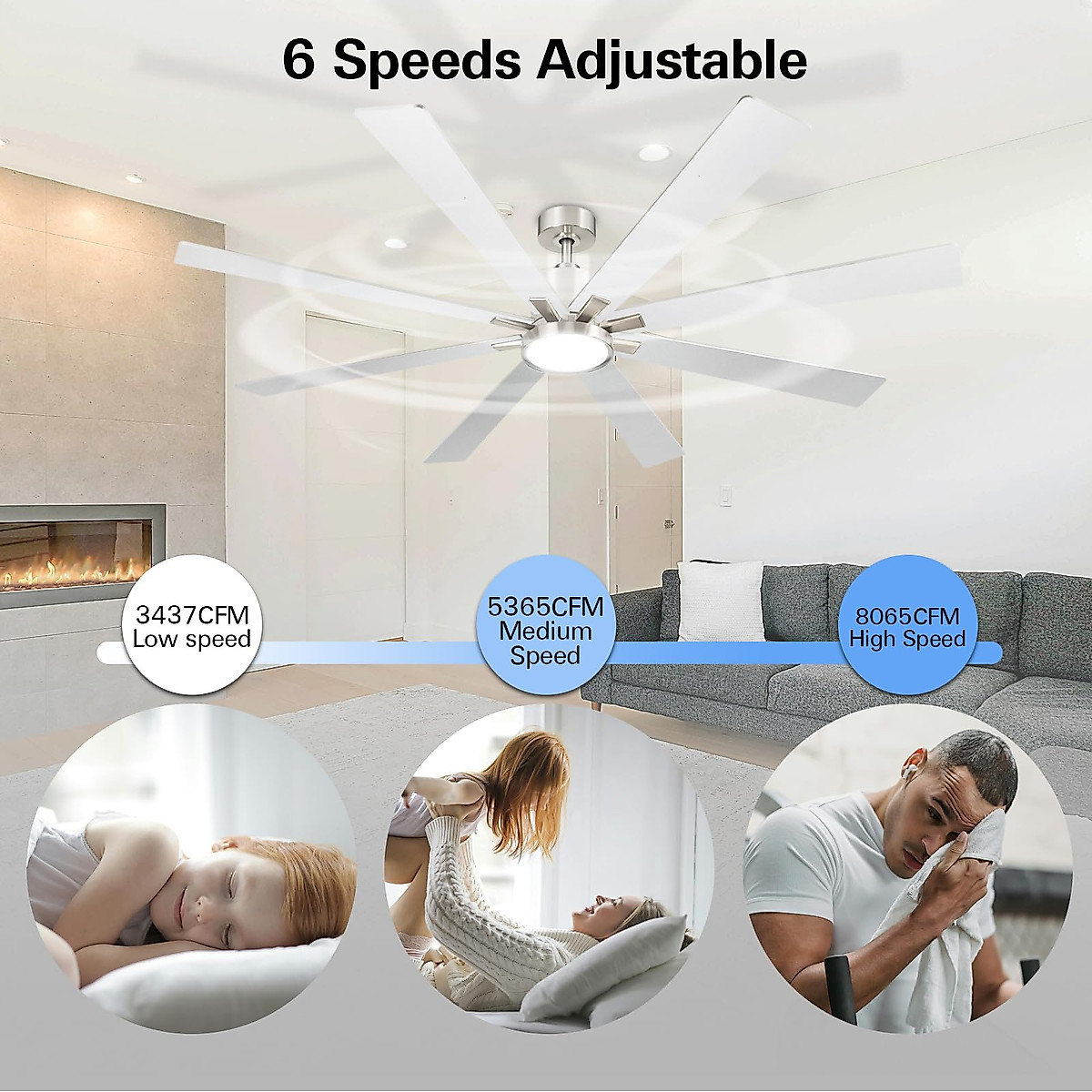 hykolity 72 Inch Indoor Ceiling Fans with Lights and Remote Control,Quiet Indoor Reversible DC Motor Ceiling Fan,8 Blades, Dimmable, 5CCT,6-Speed Ceiling Fan -Brushed Nickel