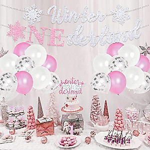 Winter Onederland Birthday Party Decorations Girl Pink Wonderland Snowflake 1st Birthday Party Supplies with Snowflake Photo Banner Winter Onederland Banner Cake Topper