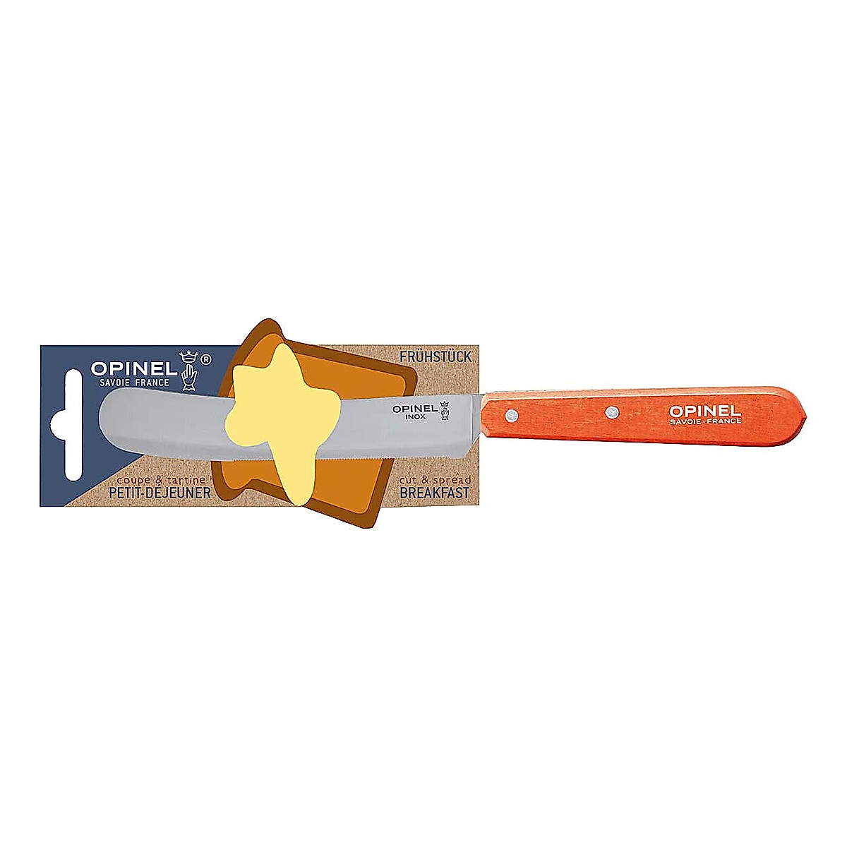 Opinel Brunch Knife - Multi-Use Spreading, Micro-Serrated, Rounded Blade Knife for Cutting Bagels Bread, Painted Tangerine Hornbeam Handles, Sandvik 12C27 Blade, Made in France (Tangerine)