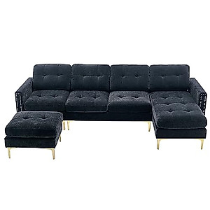 UBGO 110" Large Sofa,Living Room Furniture Sets,U/L-Shape Sectional Chaise Lounge and Convertible Ottoman,Velvet Couches for Apartment,Office (Black)