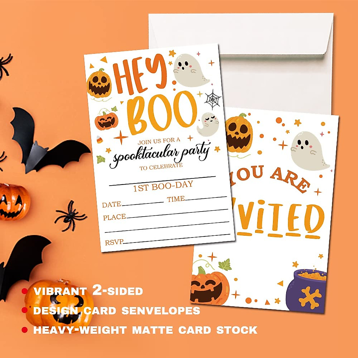 Deluxe Halloween or Costume Party Invitations, 25 Fill-in Cards with Envelopes, Pumpkin, Ghost, Monster, Cute Trick or Treat, Box or Treat for Kids Birthday or Adult party - 4"X6" (JRM359)