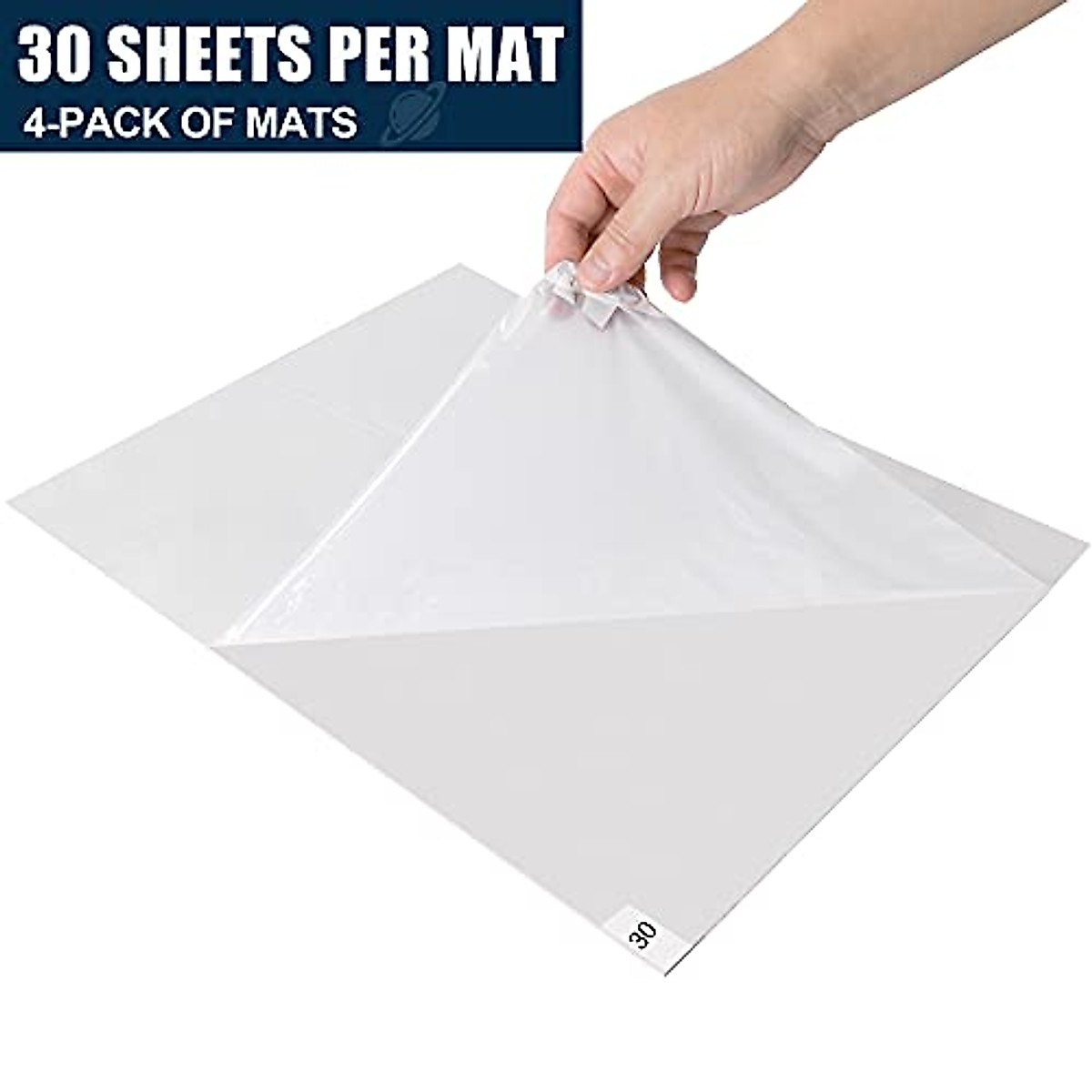 Sticky Mat for Construction or Cleanroom Floor - 4 Pack Adhesive Mats 17’’ x 13’’ - 30 Tacky Sheets Per Mat - Removes Dirt Dust Debris Sand Hair - Includes Handheld Mat